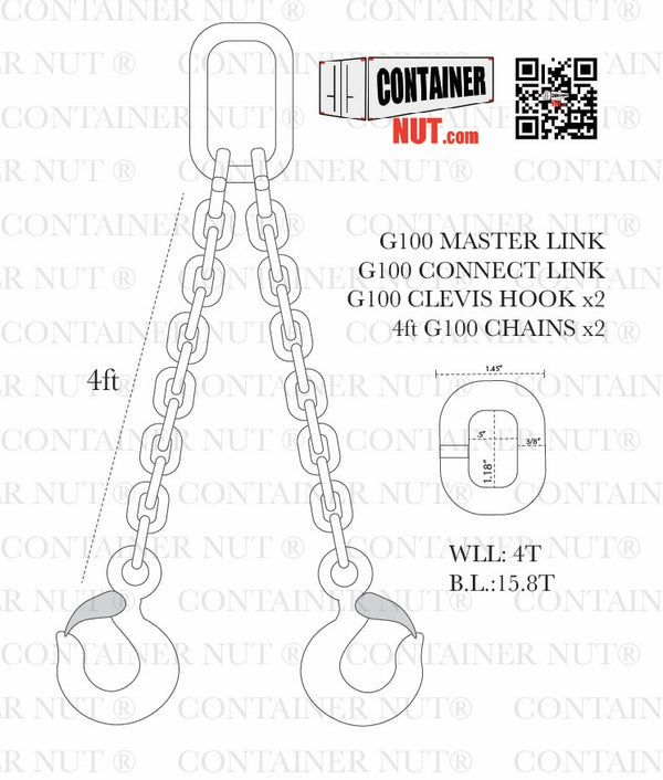 G100 Chain Sling, 3/8" x 4 Foot Chains, 15,200LBS - Container Nut