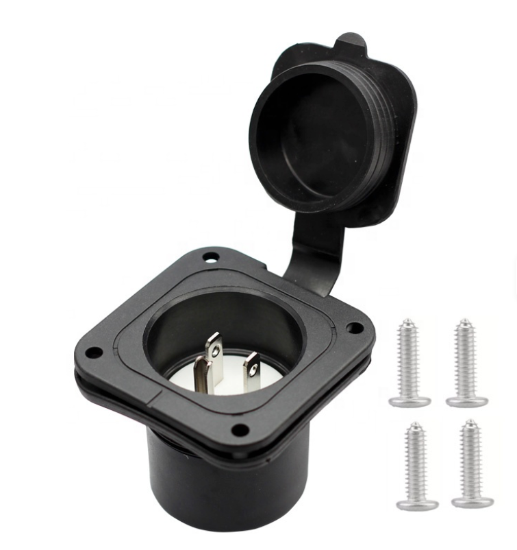 Black Flanged 15A 120V Shore Power Inlet | NEMA 5-15P Receptacle